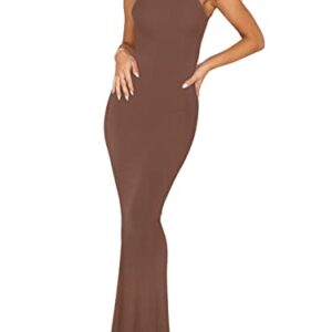 REORIA Women's Summer Sexy Casual Lounge Tank Long Dress Elegant Wedding Guest Sleeveless Halter Neck Bodycon Maxi Dresses Coffee Medium