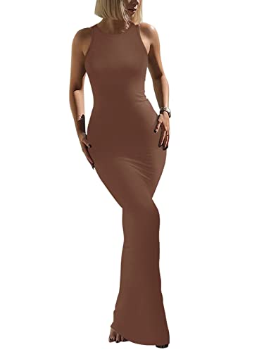 REORIA Women's Summer Sexy Casual Lounge Tank Long Dress Elegant Wedding Guest Sleeveless Halter Neck Bodycon Maxi Dresses Coffee Medium