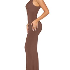 REORIA Women's Summer Sexy Casual Lounge Tank Long Dress Elegant Wedding Guest Sleeveless Halter Neck Bodycon Maxi Dresses Coffee Medium