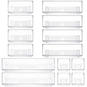 fixwal 14pcs drawer organizer set, 4-size clear plastic drawer organizers trays bathroom organizers dresser storage bins separation box for makeup, kitchen utensils, jewelries, gadgets, bathroom