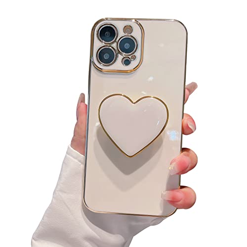 DEAVON Compatible with iPhone 13 Pro Max Case with Heart Love Easy Grip Stand Kickstand, Luxury Plating Gold Soft TPU Bumper Protective Case for Girls Womens-White