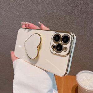 DEAVON Compatible with iPhone 13 Pro Max Case with Heart Love Easy Grip Stand Kickstand, Luxury Plating Gold Soft TPU Bumper Protective Case for Girls Womens-White