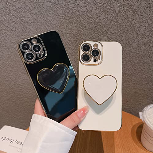 DEAVON Compatible with iPhone 13 Pro Max Case with Heart Love Easy Grip Stand Kickstand, Luxury Plating Gold Soft TPU Bumper Protective Case for Girls Womens-White