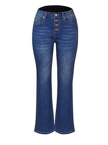 Akivide Womens Button Fly Stretchy Skinny Mid Waist Bootcut Jeans Flared Bell Bottom Demin Pants Deep Blue