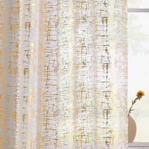 terlytex gold white sheer curtains 63 inch length, metallic gold foil cross hatch design sparkle sheer curtains for bedroom, rod pocket privacy glitter sheer curtains 2 panels, 52 x 63 inch, gold