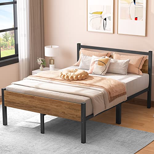 Musen Wood Bed Frames Full Size with Headboard 12.4 Inch Metal Platform Bed Frame with Storage Sturdy Non-Slip Without Noise No Box Spring Needed Black & Rustic Brown