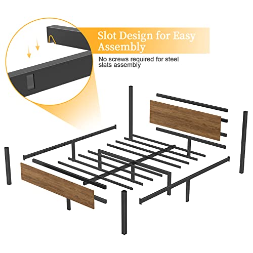 Musen Wood Bed Frames Full Size with Headboard 12.4 Inch Metal Platform Bed Frame with Storage Sturdy Non-Slip Without Noise No Box Spring Needed Black & Rustic Brown