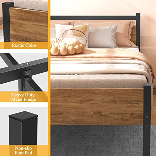 Musen Wood Bed Frames Full Size with Headboard 12.4 Inch Metal Platform Bed Frame with Storage Sturdy Non-Slip Without Noise No Box Spring Needed Black & Rustic Brown