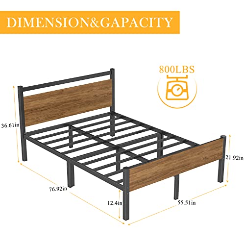 Musen Wood Bed Frames Full Size with Headboard 12.4 Inch Metal Platform Bed Frame with Storage Sturdy Non-Slip Without Noise No Box Spring Needed Black & Rustic Brown