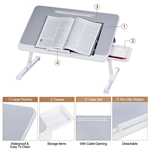 PATIKIL Laptop Bed Tray Table, 23.6"x15.7", Foldable Lap Desk with Storage Drawer, Adjustable Bed Desk for Laptop Bed Working, Eating, Writing, Gaming, Drawing, Grey