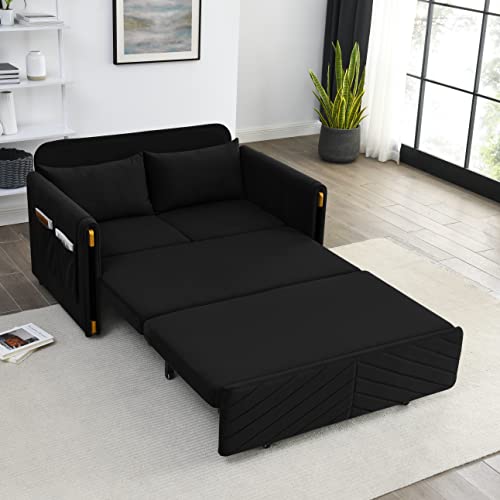 HomSof Modern Convertible Detachable Arm Pockets Velvet Loveseat Sofa with Pull Out Bed, 2 Pillows and Living Room Adjustable Backrest, Grid Design Armrests, Style D, Black