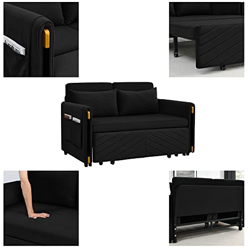 HomSof Modern Convertible Detachable Arm Pockets Velvet Loveseat Sofa with Pull Out Bed, 2 Pillows and Living Room Adjustable Backrest, Grid Design Armrests, Style D, Black