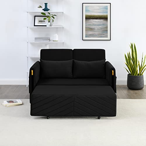 HomSof Modern Convertible Detachable Arm Pockets Velvet Loveseat Sofa with Pull Out Bed, 2 Pillows and Living Room Adjustable Backrest, Grid Design Armrests, Style D, Black