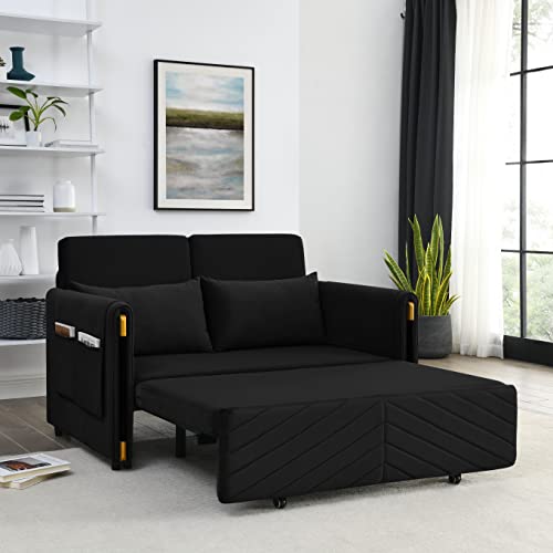 HomSof Modern Convertible Detachable Arm Pockets Velvet Loveseat Sofa with Pull Out Bed, 2 Pillows and Living Room Adjustable Backrest, Grid Design Armrests, Style D, Black