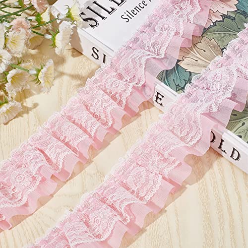 GORGECRAFT 11 Yards Pink Double-Layer Pleated Chiffon Lace Trim 5cm Wide 2-Layer Gathered Ruffle Trim Edging Tulle Trimmings Fabric Ribbon for Home DIY Sewing Crafts Costume Pillowcase Embellishments