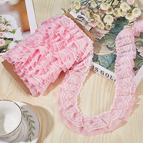 GORGECRAFT 11 Yards Pink Double-Layer Pleated Chiffon Lace Trim 5cm Wide 2-Layer Gathered Ruffle Trim Edging Tulle Trimmings Fabric Ribbon for Home DIY Sewing Crafts Costume Pillowcase Embellishments