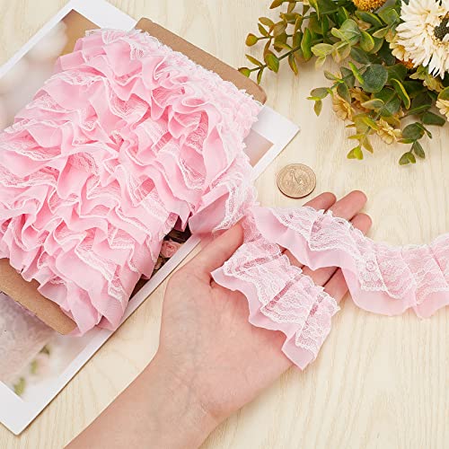 GORGECRAFT 11 Yards Pink Double-Layer Pleated Chiffon Lace Trim 5cm Wide 2-Layer Gathered Ruffle Trim Edging Tulle Trimmings Fabric Ribbon for Home DIY Sewing Crafts Costume Pillowcase Embellishments