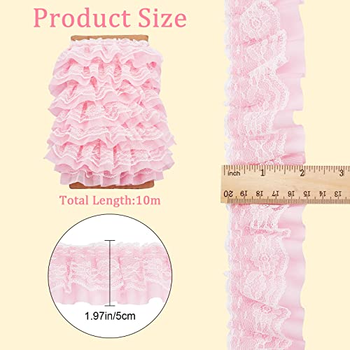 GORGECRAFT 11 Yards Pink Double-Layer Pleated Chiffon Lace Trim 5cm Wide 2-Layer Gathered Ruffle Trim Edging Tulle Trimmings Fabric Ribbon for Home DIY Sewing Crafts Costume Pillowcase Embellishments