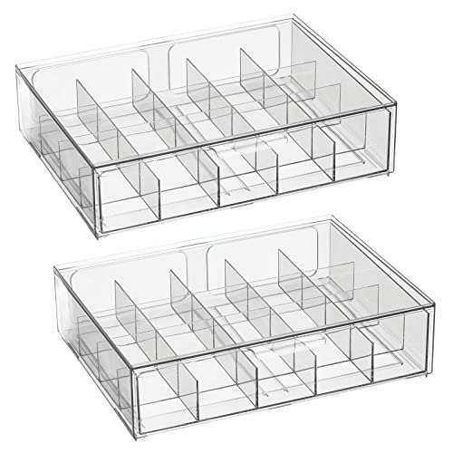 mDesign Divided Plastic Tea Organizer Bin with Drawer - Stackable Tea Bag Holder for Kitchen, Pantry, and Cabinet - Caddy with Small Dividers - 20 Sections - Lumiere Collection - 2 Pack - Clear