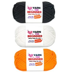 yarn for crocheting and knitting cotton crochet knitting yarn for beginners with easy-to-see stitches cotton-nylon blend easy yarn for beginners crochet kit(3x50g)-orange+white+black