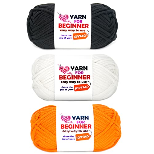 Yarn for Crocheting and Knitting Cotton Crochet Knitting Yarn for Beginners with Easy-to-See Stitches Cotton-Nylon Blend Easy Yarn for Beginners Crochet Kit(3x50g)-Orange+White+Black