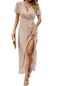 prettygarden women's summer maxi glitter dress wrap v neck ruffle sleeve cocktail party long dresses with slit (champagne,large)