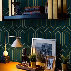 Safiyya Peel and Stick Wallpaper Gold and Dark Teal Green Wallpaper Geometric Contact Paper Textured Wallpaper Self Adhesive Removable Wallpaper for Walls Vinyl Roll 118"x17.3"