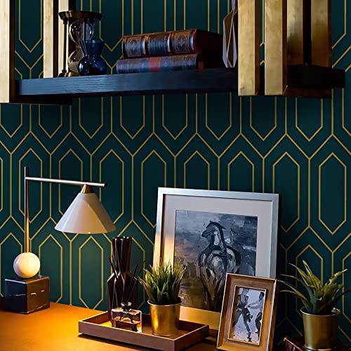 Safiyya Peel and Stick Wallpaper Gold and Dark Teal Green Wallpaper Geometric Contact Paper Textured Wallpaper Self Adhesive Removable Wallpaper for Walls Vinyl Roll 118"x17.3"