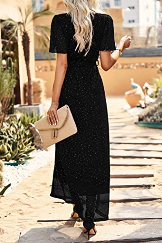 PRETTYGARDEN Women's Summer Maxi Glitter Dress Wrap V Neck Ruffle Sleeve Cocktail Party Long Dresses with Slit (Black,Small)