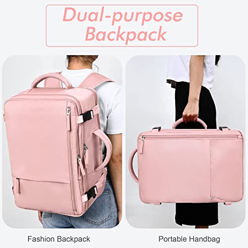 Rinlist Travel Backpack for Women, TSA-Friendly Carry-on Backpack Airline Approved, Hiking Sport Casual Daypack Rucksack Waterproof Personal Item Backpack for Work Business College, Pink