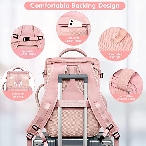 Rinlist Travel Backpack for Women, TSA-Friendly Carry-on Backpack Airline Approved, Hiking Sport Casual Daypack Rucksack Waterproof Personal Item Backpack for Work Business College, Pink