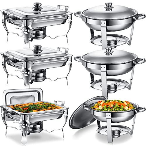 Riakrum 6 Pcs 5 Qt Chafing Dish Buffet Set Round and Rectangular Stainless Steel Chafer Complete Set Full Size Catering Chafer Warmer with Trays Pan Lid Folding Frame for Kitchen Party Banquet Dining