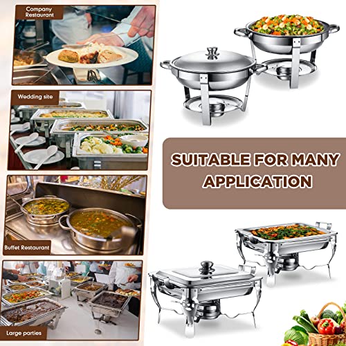 Riakrum 6 Pcs 5 Qt Chafing Dish Buffet Set Round and Rectangular Stainless Steel Chafer Complete Set Full Size Catering Chafer Warmer with Trays Pan Lid Folding Frame for Kitchen Party Banquet Dining