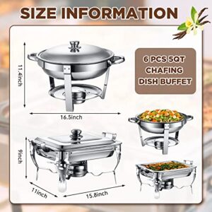 Riakrum 6 Pcs 5 Qt Chafing Dish Buffet Set Round and Rectangular Stainless Steel Chafer Complete Set Full Size Catering Chafer Warmer with Trays Pan Lid Folding Frame for Kitchen Party Banquet Dining