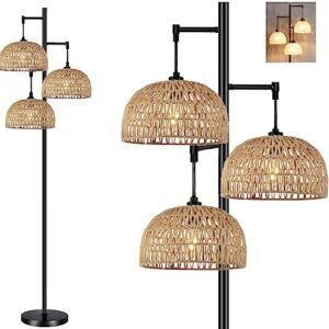 QIYIZM Floor Lamp for Living Room,Bedroom,3-Lights Boho Rattan Floor Lamps,Tree Farmhouse Industrial Black Standing Lamp Wicker Rustic Adjustable Tall Lamp,Woven Bamboo LampShade Floor Light Bohemian