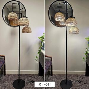 QIYIZM Floor Lamp for Living Room,Bedroom,3-Lights Boho Rattan Floor Lamps,Tree Farmhouse Industrial Black Standing Lamp Wicker Rustic Adjustable Tall Lamp,Woven Bamboo LampShade Floor Light Bohemian