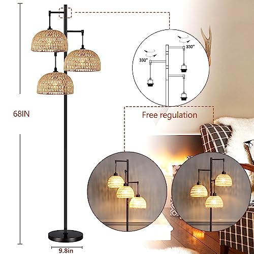 QIYIZM Floor Lamp for Living Room,Bedroom,3-Lights Boho Rattan Floor Lamps,Tree Farmhouse Industrial Black Standing Lamp Wicker Rustic Adjustable Tall Lamp,Woven Bamboo LampShade Floor Light Bohemian