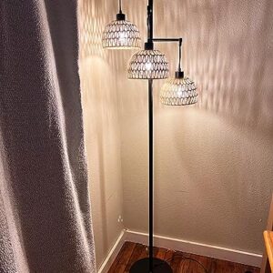 QIYIZM Floor Lamp for Living Room,Bedroom,3-Lights Boho Rattan Floor Lamps,Tree Farmhouse Industrial Black Standing Lamp Wicker Rustic Adjustable Tall Lamp,Woven Bamboo LampShade Floor Light Bohemian