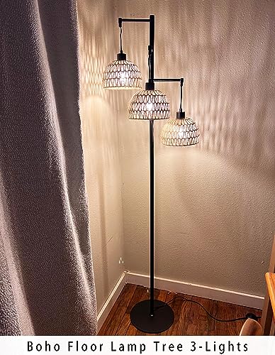 QIYIZM Floor Lamp for Living Room,Bedroom,3-Lights Boho Rattan Floor Lamps,Tree Farmhouse Industrial Black Standing Lamp Wicker Rustic Adjustable Tall Lamp,Woven Bamboo LampShade Floor Light Bohemian