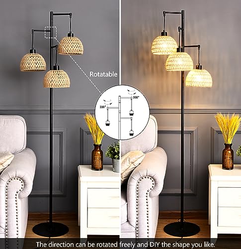 QIYIZM Floor Lamp for Living Room,Bedroom,3-Lights Boho Rattan Floor Lamps,Tree Farmhouse Industrial Black Standing Lamp Wicker Rustic Adjustable Tall Lamp,Woven Bamboo LampShade Floor Light Bohemian