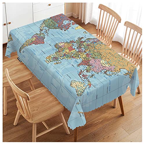 Swono World Map Rectangle Tablecloth Vintage Global Political Map Durable Table Cloth Dining Table Cover for Home Kitchen Restaurant Party Buffet Picnic, 50x72 Inch, Blue