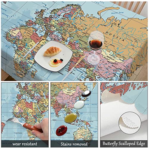 Swono World Map Rectangle Tablecloth Vintage Global Political Map Durable Table Cloth Dining Table Cover for Home Kitchen Restaurant Party Buffet Picnic, 50x72 Inch, Blue