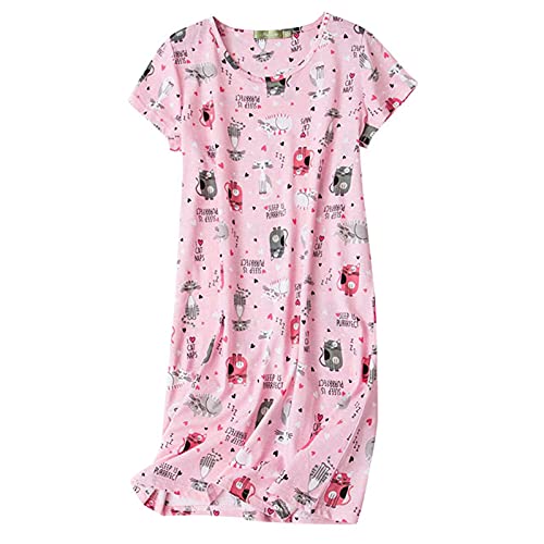 Nightgowns for Women Cotton Sleep Shirt Plus Size Night Gown Casual Night Shirts Pajamas Soft Sleepwear Pink Cat 2XL