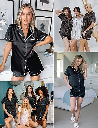 Gepansis Satin Pajama Set Women's Short Sleeve Sleepwear Soft Silk Button Down Loungewear Set Black Large