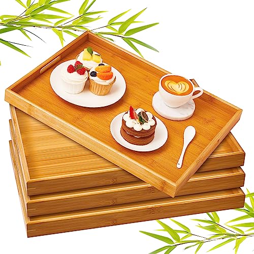 Geelin 4 Pcs Large Bamboo Serving Tray with Handles Rectangular Wooden Breakfast Tray Dinner Tray Decorative Coffee Tea Platter for Living Room Bedroom Kitchen Dinner Table Outdoors, 18 x 13 x 1.4 in