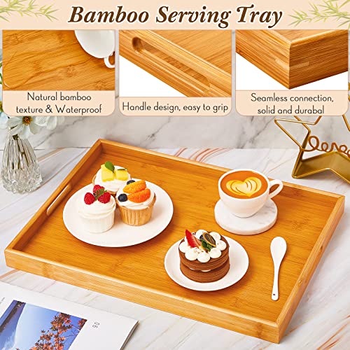 Geelin 4 Pcs Large Bamboo Serving Tray with Handles Rectangular Wooden Breakfast Tray Dinner Tray Decorative Coffee Tea Platter for Living Room Bedroom Kitchen Dinner Table Outdoors, 18 x 13 x 1.4 in