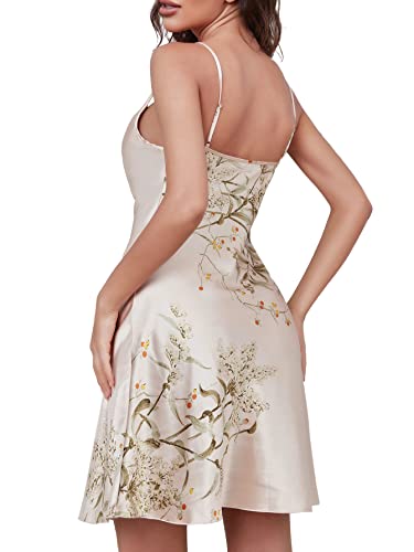 LYANER Women's Satin Print Cowl Neck Spaghetti Straps Nightdress Sleepwear Nightgown Beige Medium