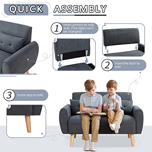 Shintenchi 47" Small Modern Loveseat Couch Sofa, Fabric Upholstered 2-Seat Sofa, Love Seat Furniture with 2 Pillows, Wood Leg for Small Space, Living Room, Bedroom, Apartment, Dark Grey