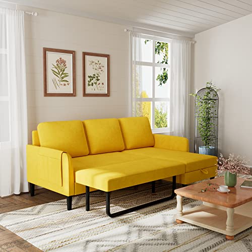 Olela Pull Out Sleeper Sofa Couch,Velvet Convertible Sofa Bed L Shape Sectional Sofa with Storage Chaise and Pocket for Living Room (Mustard)