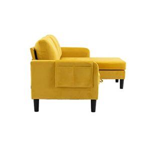 Olela Pull Out Sleeper Sofa Couch,Velvet Convertible Sofa Bed L Shape Sectional Sofa with Storage Chaise and Pocket for Living Room (Mustard)